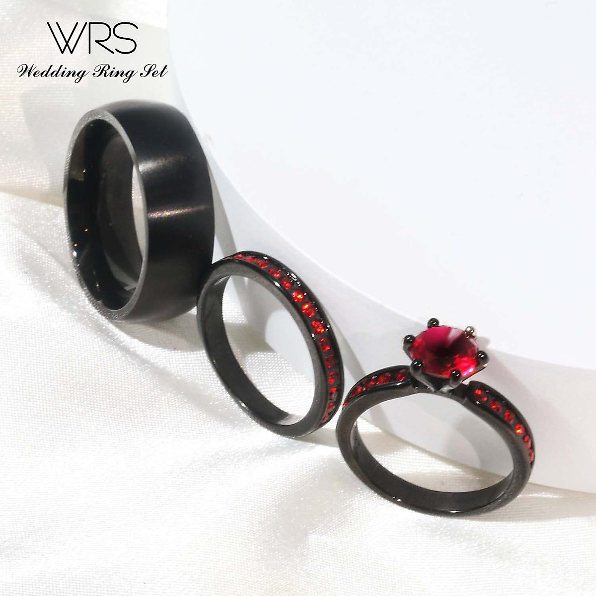 Two Rings His Hers Wedding Ring Sets Couples Matching Rings Women's 2pc Black Gold Filled Red CZ Wedding Engagement Ring Bridal Sets Men's Titanium Wedding Band