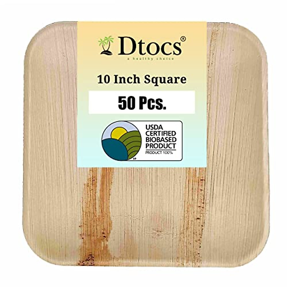Dtocs Palm Leaf Plates 10 Inch Square 50 Pack Dinner Plate | Disposable Bamboo Plate Like Compostable Plates, Charcuterie Board, Cheese Platter | Wedding Plate Set Better Than Paper Plates