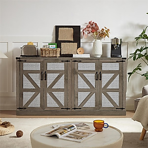 HXCQYGL 65-Inch Slate Gray Faux Rattan Sideboard with Barn Doors Rustic Sideboard, 4-Door Storage for Living Room, Entryway, Bedroom, Dining Room (Stone Gray)