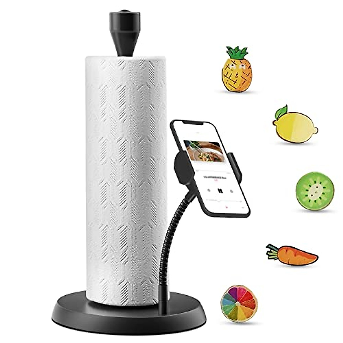 Multi-Function Black Paper Towel Holder Countertop with Phone Holder, Easy One Hand Tear Paper Towel Holder Stand with Weighted Base Spring Arm for Most Sizes Paper Roll for Kitchen Paper Towel Rack