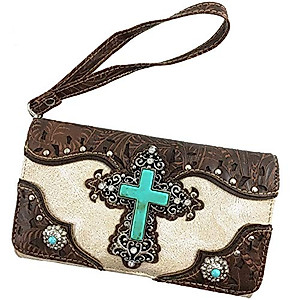 Zelris Turquoise Rhinestone Cross Western Women Conceal Carry Handbag Wallet Set (Beige)