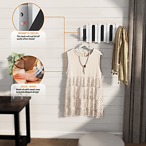 CHAGOL Coat Rack Wall Mount Wood Wooden with 5 Flip-Down Hooks for Entryway Wooden Coat Rack Space-Saving Coat Hanger (Black and White)