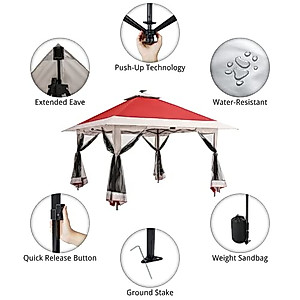 Suntime 13x13 Instant Pop Up Gazebo Canopy Tent Shelter with Solar LED Lights, Zippered Mesh Mosquito Netting, Wheeled Roller Carry Bag, Bonus Weight Sandbags, Stakes, Ropes - Red