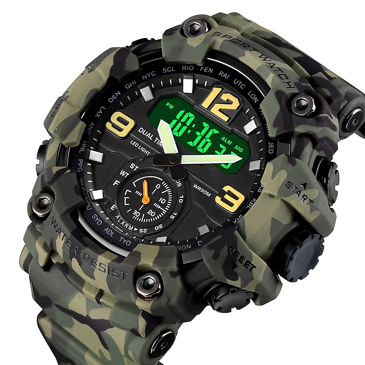 KXAITO Men's Watches Sports Outdoor Waterproof Military Watch Date Multi Function Tactics LED Alarm Stopwatch (1637_Camo_Green)