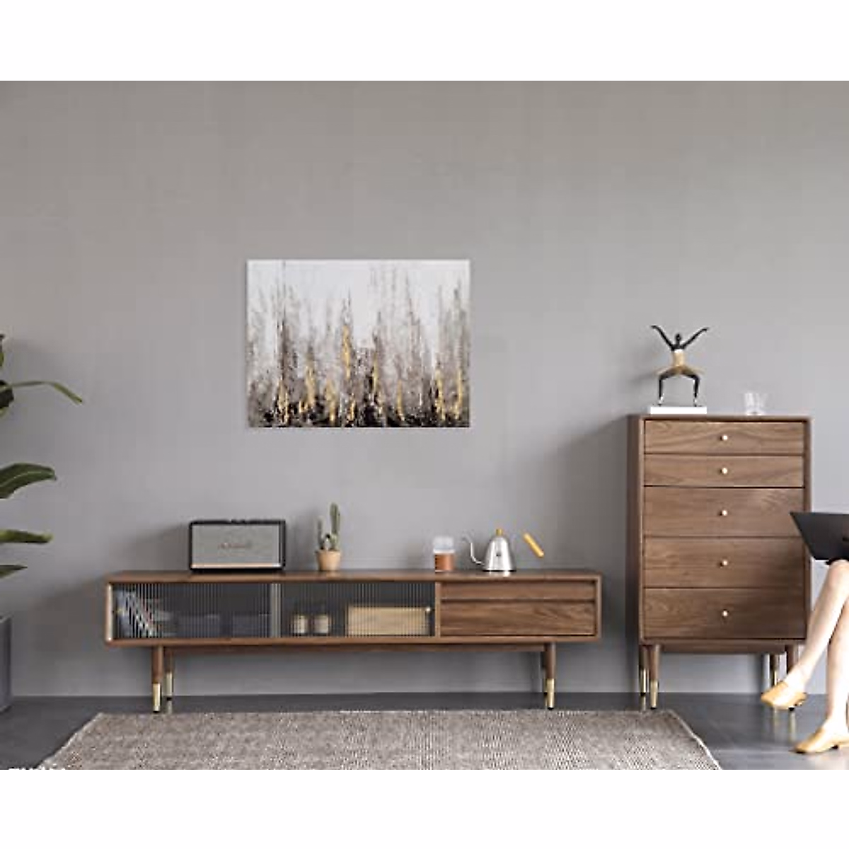 SYGALLERIER Abstract City Canvas Wall Art with Gold Foil - Hand Painted Modern Oil Paintings - Black Grey and White Pictures for Living Room Bedroom Bathroom Decor