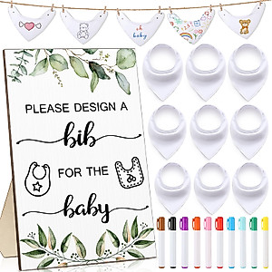 Qunclay 36 Pcs Baby Bibs Baby Shower Game Set Baby Bib Design 25 Pcs White Blank Baby Bibs Feeder Bibs for Baby, 1 Pcs Wooden Bib Sign, 10 Pcs Fabric Markers DIY Baby Gift for Gender Reveal