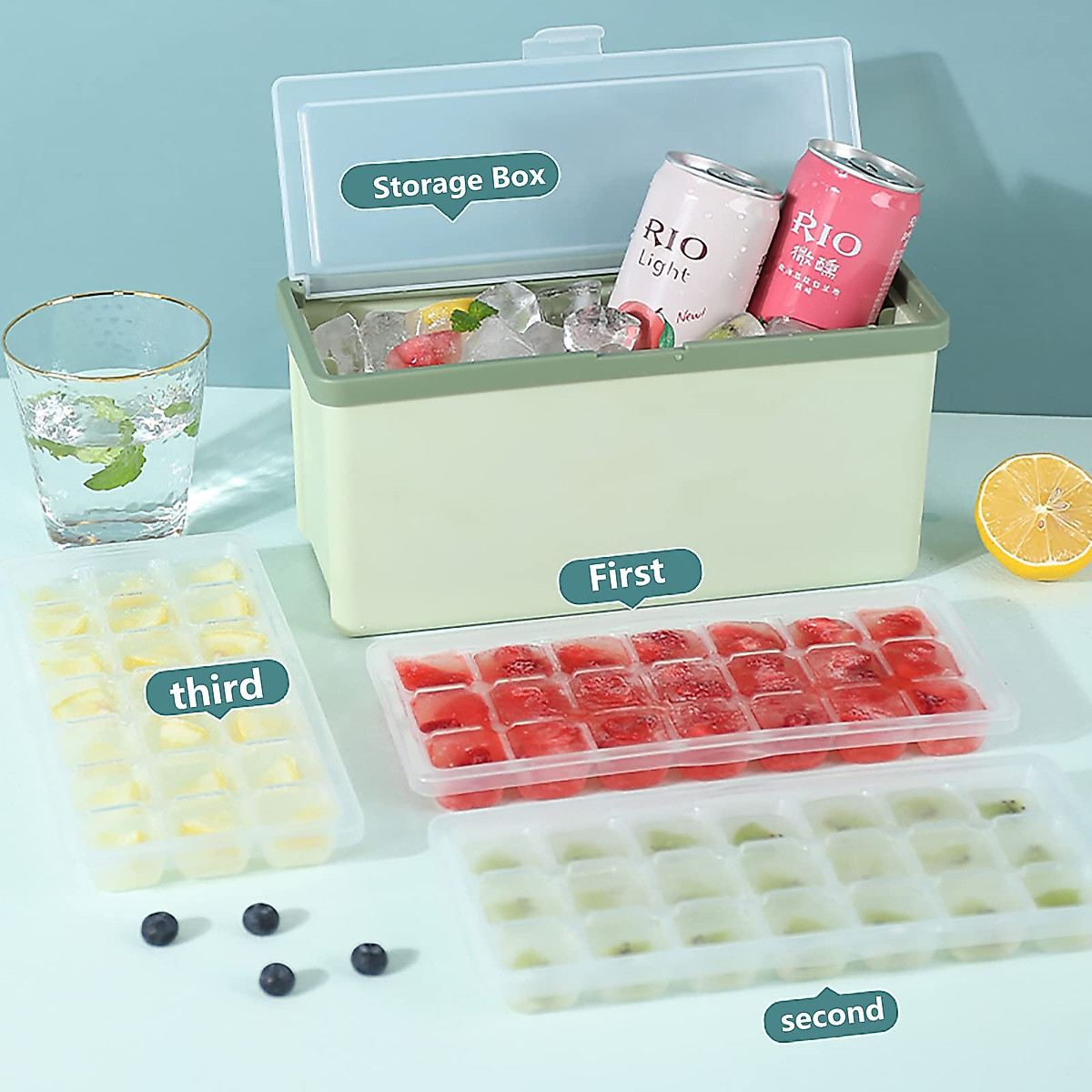 PYANGUHAI Ice Cube Tray with Lid and Bin, Bucket, Maker Substitutes， Comes Container, Scoop Cover Release Box Container for Freezer (Green)