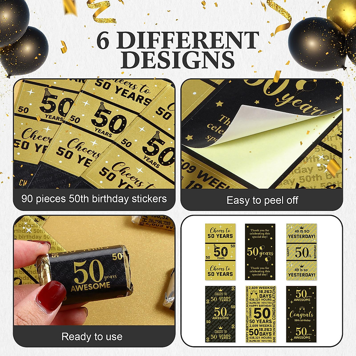 Tenare 90 Pcs 50th Birthday Candy Bar Wrappers Black and Gold Stickers Chocolate Decoration Label Mini Candy Label Stickers for Anniversary Birthday Party Supplies