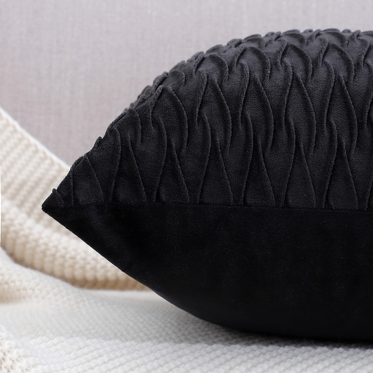 MADIZZ Set of 2 Super Soft Velvet Decorative Throw Pillow Covers 18x18 inch Black Square with Texture Luxury Style Cushion Case Pillow Shell for Sofa Bedroom