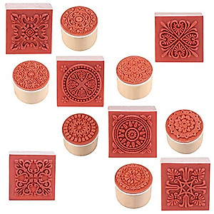 Aulufft 12 Pieces Wooden Stamps Floral Pattern Circles and Squares Decorative Rubber Wooden Stamps for DIY Craft Card and Scrapbooking