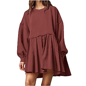 Womens Mini Sweatshirt Dress Oversized Patchwork Color Block Pleated Dresses Long Sleeve Crewneck Pullover Tops