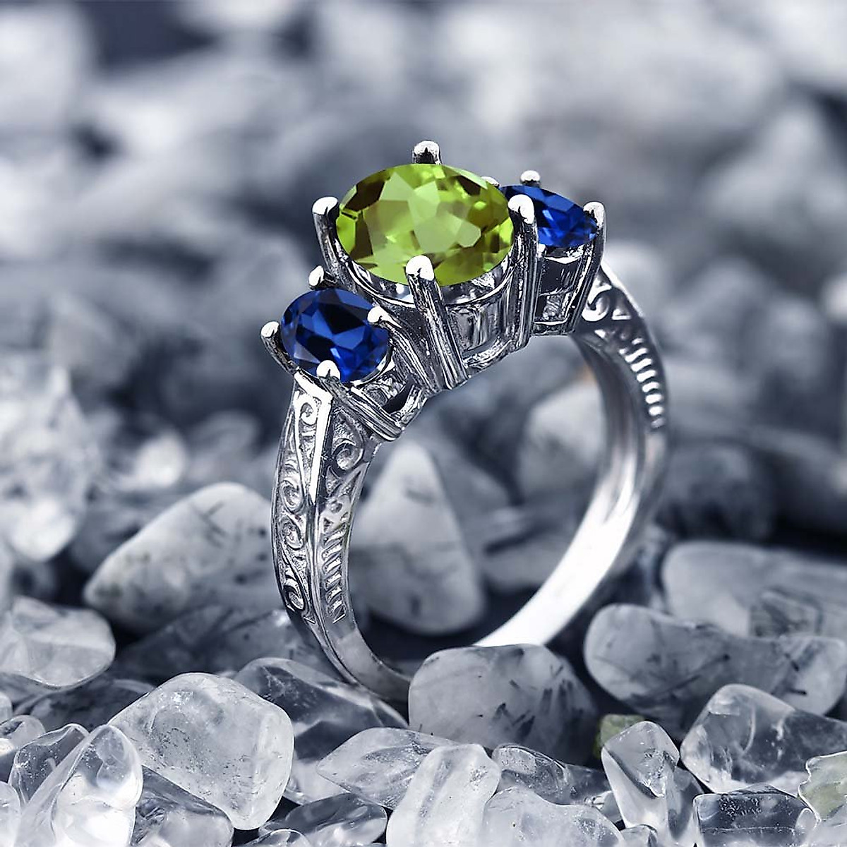 Gem Stone King 925 Sterling Silver Green Peridot and Blue Created Sapphire 3 Stone Ring For Women (2.71 Cttw, Gemstone Birthstone, Available In Size 5, 6, 7, 8, 9)