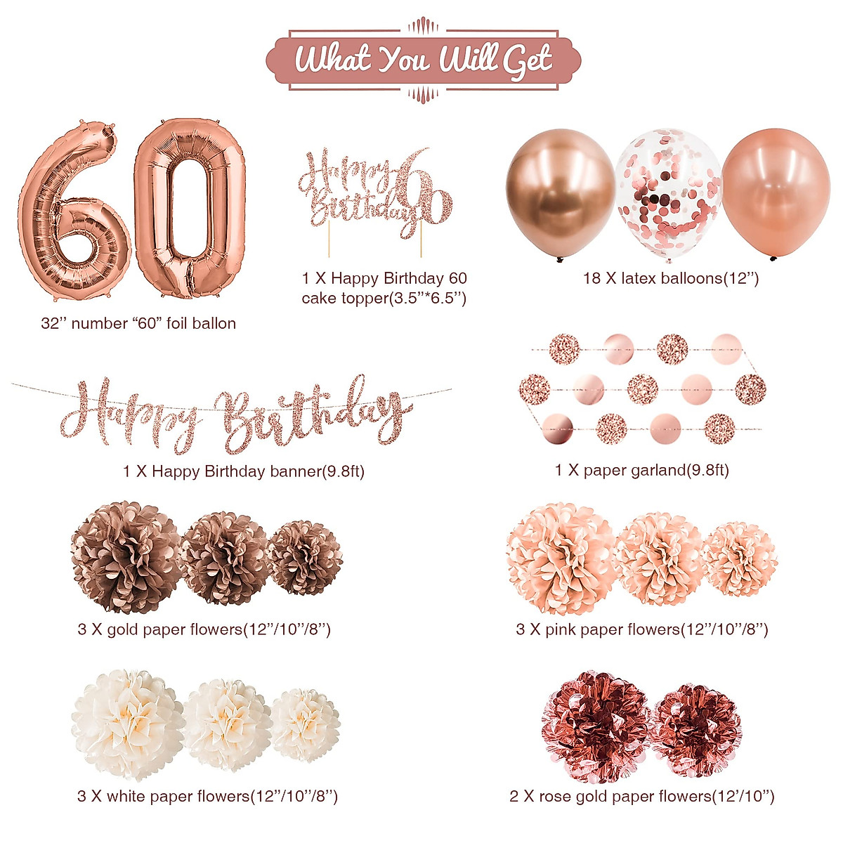 60th Birthday Party Decorations Rose Gold Decor Party Supplies Tissue Pom Poms Paper Circle Dots Garlands, Hanging Party Supply Set for 60th Anniversary Decorations Birthday Party Backdrop