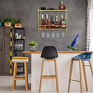 FLRH Metal Multipurpose Shelf Hung Bracket 24.2in, Gold Wine Racks Wall Mounted with Glass Holder, 2-Tiers Wall Mount Bottle Holder Glass Rack