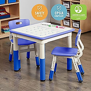 ECR4Kids Dry-Erase Square Activity Table with 2 Chairs, Adjustable, Kids Furniture, Blue, 3-Piece