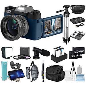 eDealz 4K 48MP Digital Camera Kit for Photography, Vlogging for YouTube w/Flip Screen, WiFi, Wide Angle Lens, Filters, 2X 64GB Micro SD Cards, 50" Tripod, Case, Card Reader, Microphone, LED & More