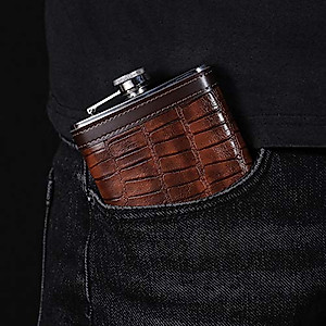 TOX TANEAXON 12 oz Crocodile Leather Pattern Pocket Whiskey Liquor PU Leather Wrapped Flask with Funnel and Premium Box - Stainless steel and Leak Proof