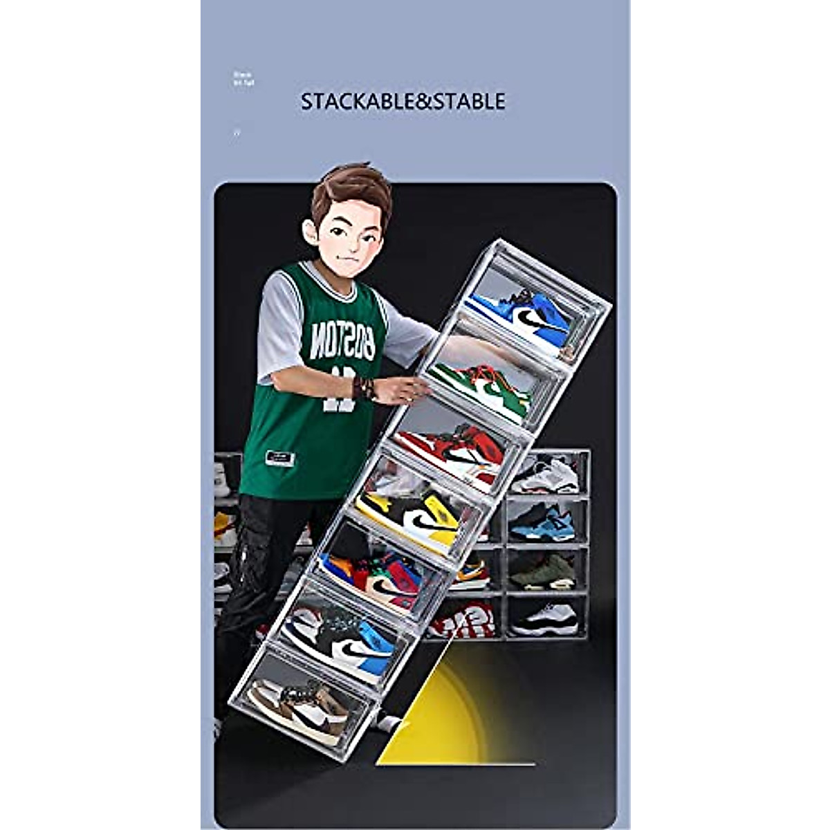 sunkey Shoe Boxes Clear Plastic Stackable Shoe Organizers with Magnetic Side Door for Men Women Sneakers Aj1 Display Large, 3 Pack