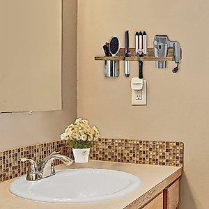 DORAMII Bathroom Wall Mount Hair Dryer Holder Hair Care & Styling Tool Organizer, Farmhouse Wooden Beauty Hair Appliance Holder for Flat Iron, Curling Wand, Hair Straighteners, Brushes,White