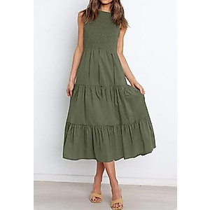 ZESICA Women's Summer Casual Sleeveless Crew Neck Smocked High Waist Flowy Tiered A Line Midi Dress,ArmyGreen,Medium