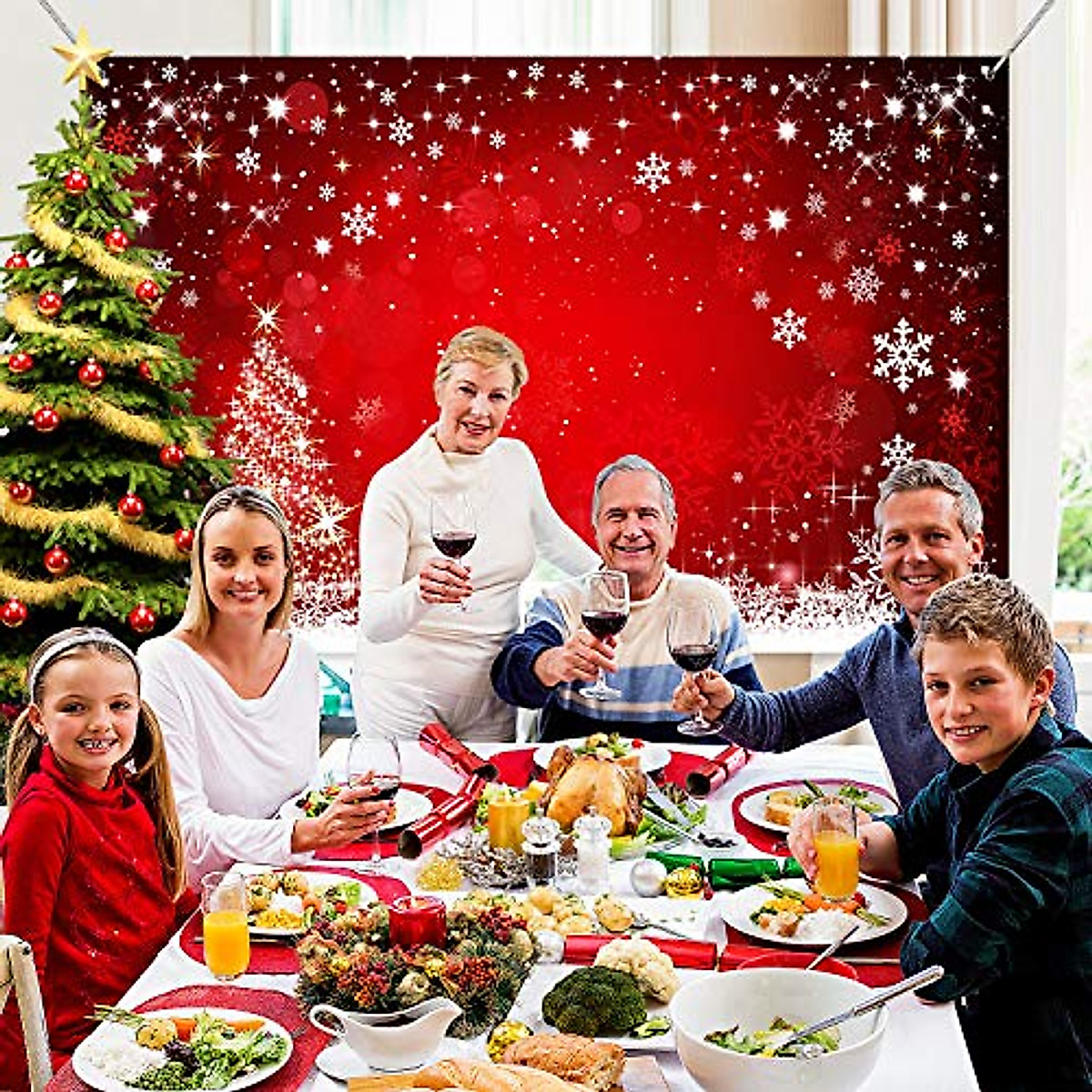 Christmas Decoration Supplies, Large Fabric Winter Red and Xmas Tree Backdrop for Winter Christmas Party Decorations, Red Christmas Backdrop Snowflake Photo Background Banner, 72.8 x 43.3 inch