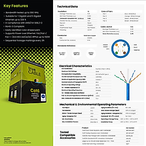 TRUE CABLE Cat6 Riser (CMR), 1000ft, Blue, 23AWG 4 Pair Solid Bare Copper, 550MHz, ETL Listed, Unshielded Twisted Pair (UTP), Bulk Ethernet Cable