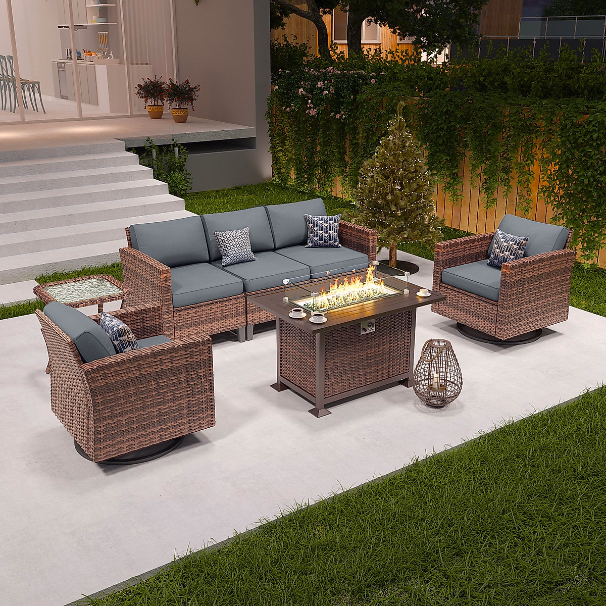 Amopatio Patio Furniture Set with Fire Pit Table, Outdoor Furniture Sectional Sofa with Swivel Chairs, Modern Conversation Sets for Balcony Backyard, Grey（Include Waterproof Covers ）