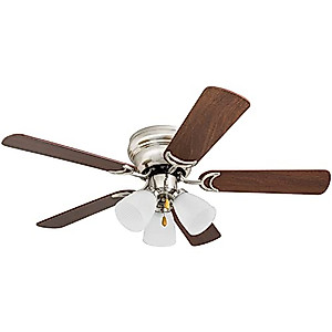 Prominence Home Whitley, 42 Inch Traditional Flush Mount Indoor LED Ceiling Fan with Light, Pull Chain, 5 Dual Finish Blades, Reversible Motor - 50863-01 (Satin Nickel), Bright Brass