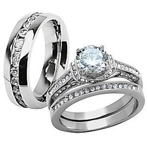 Marimor Jewelry His and Hers Stainless Steel 3 Piece Cubic Zirconia Wedding Ring Set and Eternity Wedding Band Women's Size 08 Men's 08mm Size 10