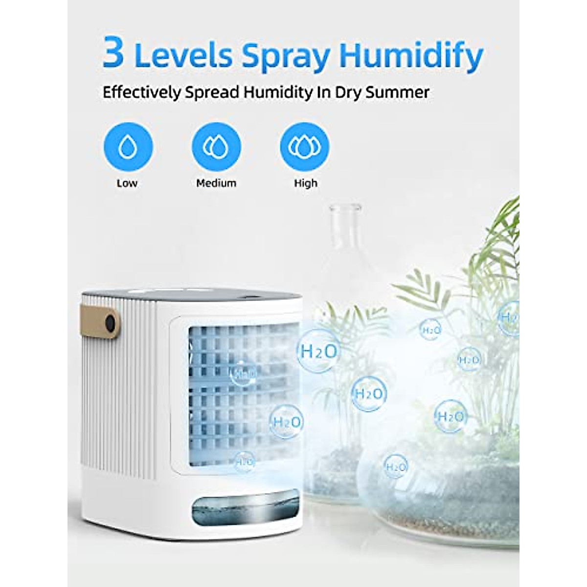 3-IN-1 Portable Air Cooler, USB Powered Desktop Cooling Fan, 3 Levels Spray Humidify & 3 Speeds Personal Air Conditioner Fan w/8 Night Light Modes, Evaporative Air Cooler for Small Room/Office/Camping