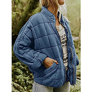 utcoco Women's Causal Lightweight Jacket Stand Collar Long Sleeve Zip Up Winter Coats for Women (Large, Blue Grey)