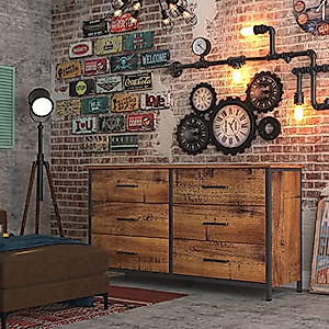 IKENO 6 Drawer Double Dresser, Industrial Wood Storage Dresser Clothes Organizer with Sturdy Steel Frame, Storage Dresser for Bedroom