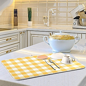 Qilmy Yellow Checked Dish Drying Mat for Kitchen Countertop, Absorbent Dry Mats for Dishes Draining Pad-18" x 24"