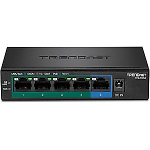 TRENDnet 5-Port Gigabit PoE+ Switch, 32W PoE Power Budget, 10Gbps Switching Capacity, IEEE 802.1p QoS, DSCP Pass-Through Support, Fanless, Wall Mountable, Lifetime Protection, Black, TPE-TG52