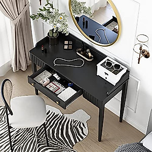 ukorua White Vanity Desk Wooden Desk with Drawer Modern Desk Computer Desk White Makeup Table with Gold Handle (Black)