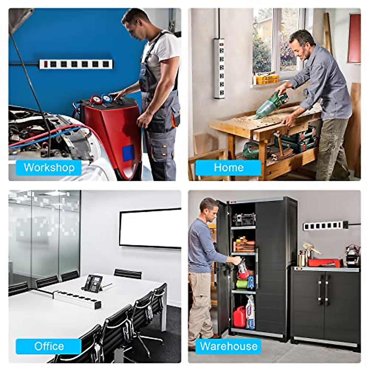 BERIGTTA Angled Flat Plug Metal Power Strip 6 Outlet, Wall Mount Workshop Power Strip with Switch for Home, Office, School, Workshop and Industrial Environments