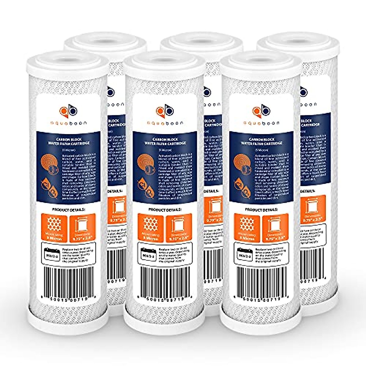 Aquaboon Coconut Shell Water Filter Cartridge | Activated Carbon Block CTO | Universal 5 Micron 10 inch Cartridge | Compatible with DWC30001, WFPFC8002, FXWTC, WHEF-WHWC, WHKF-WHWC 6-PACK