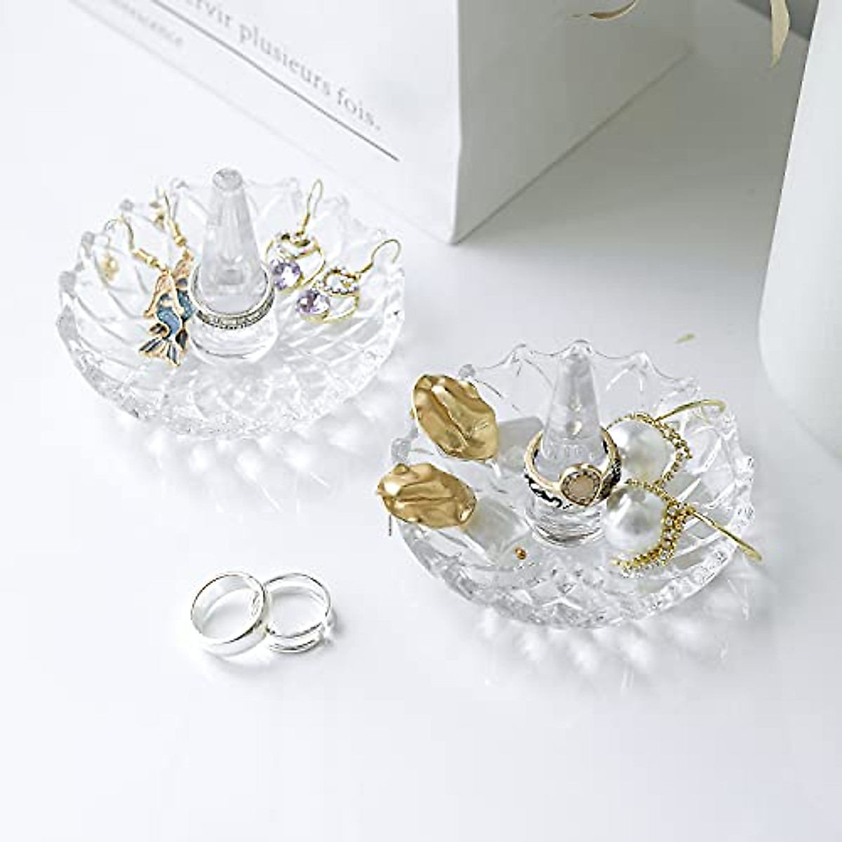 MyGift Clear Glass Ring Cone with Tray, Engagement Wedding Ring Holder with Round Starburst Design, Small Jewelry Ring Dish, Set of 2