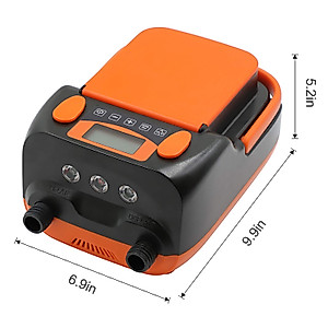 Tuomico Rechargeable LCD Electric Air Pump with 2 USB Ports, Max 16PSI SUP Pump with 6 Nozzles & 3 LED Lights for Boats, Stand Up Paddle Board, Dual Stage Inflation & Auto-Off Feature