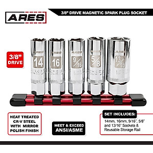 ARES 11016-5-Piece Magnetic Spark Plug Socket Set - Includes 14mm and 16mm Thin Wall Sockets and 9/16-inch, 5/8-inch, and 13/16-inch Sockets - Convenient Reusable Storage Rail Included