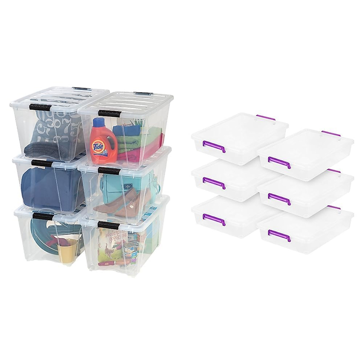 IRIS USA 53 Qt. Plastic Storage Container Bin, Large & 6 Quart Large Clear Plastic Storage Bins with Lids and Secure Latches, 6 Pack, Organizing Container, Clear/Violet