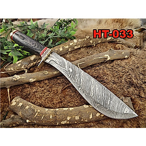 Damascus Steel Hunting Bowie Knife 14.5 Inches Custom Made Hand Forged with 10" Blade, 2 Tone Green Wood with Engraved Brass Scale, Thick Cow Hide Leather Sheath with Belt Loop (Black)