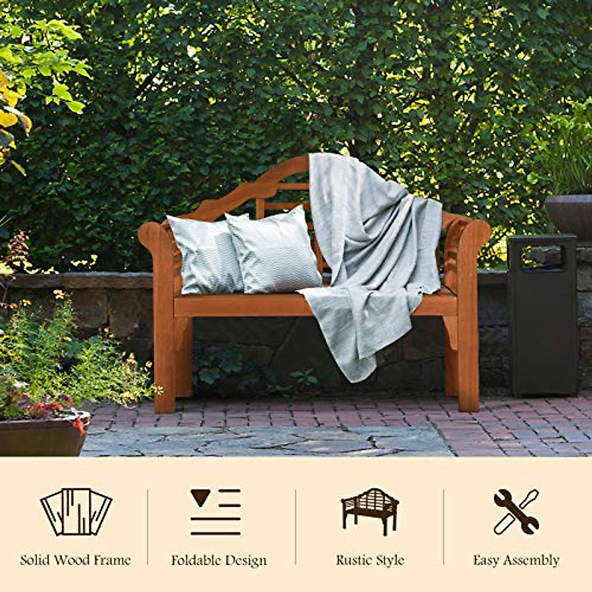 RELAX4LIFE Wooden Garden Bench for Outdoors & Indoor Patio Foldable Bench 4 Ft with Crown-Like Backrest and Curved Armrest Poolside, Porch, Balcony, Garden Eucalyptus Two Person Loveseat Chair