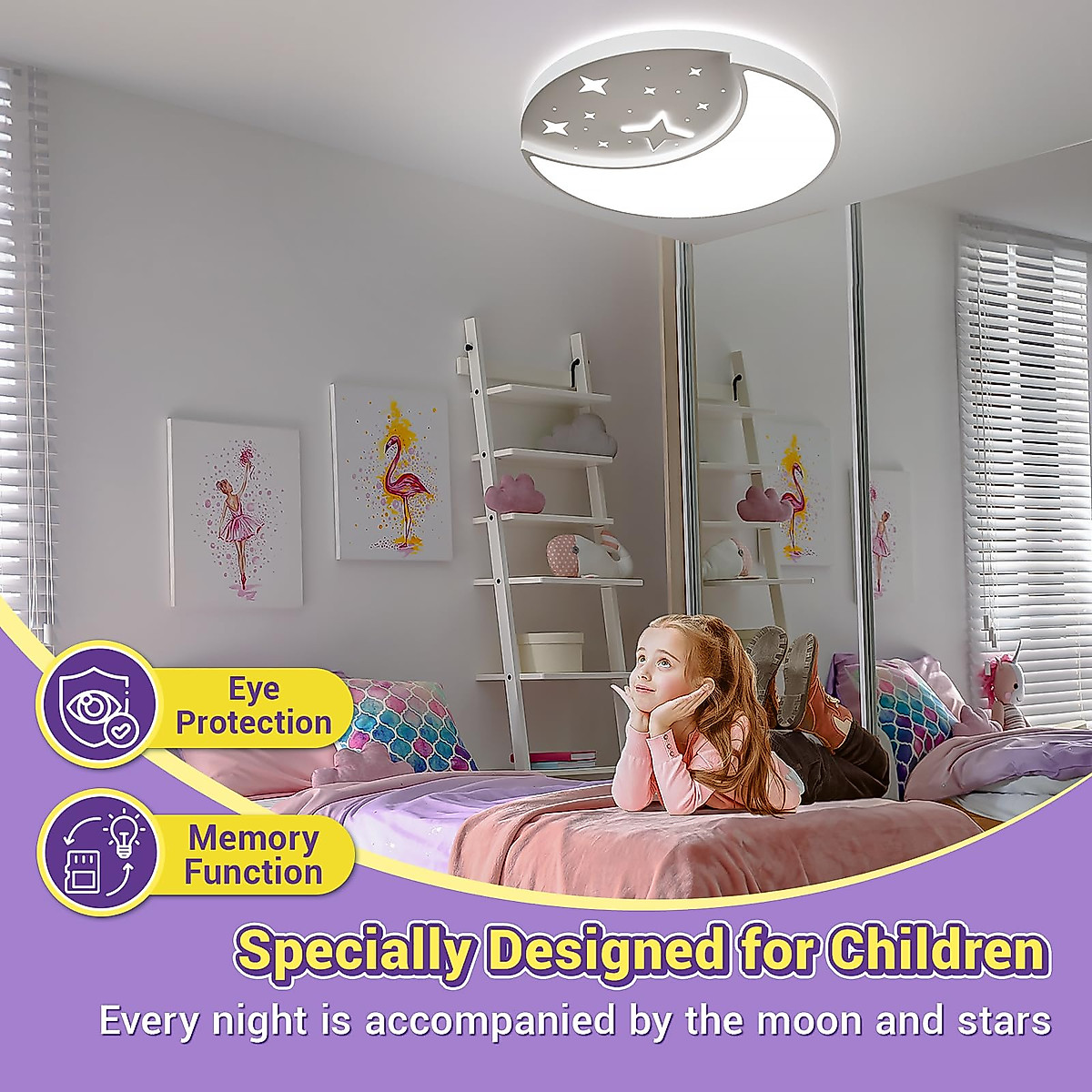 15.75 Inch Flush Mount Ceiling Light for Kids, 30W Large Modern LED Ceiling Lights, 3000K/4500K/6500K Selectable, Moon and Star Ceiling Light Fixture for Bedroom Children's Room Nursery Playroom