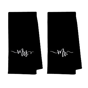 UINHMOP 16''x24'' Set of 2 Mr. and Mrs. Couple Soft and Absorbent Bath Towels Hand Towels for Bathroom Kitchen,Wedding Anniversary Valentine’s Day Gifts for Couples Newlyweds(Black)