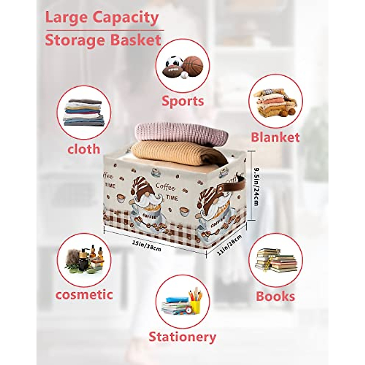 Coffee Time Storage Bins 2 Pack, Large Waterproof Storage Baskets for Shelves Closet, Gnomes Coffee Beans Brown Plaid Burlap Storage Basket Foldable Storage Box Cube Storage Organizer with Handles