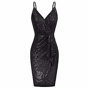 GRACE KARIN Sequin Dress for Women Sexy Party Night Dress Wrap V Neck Bodycon Mini Dress Black L