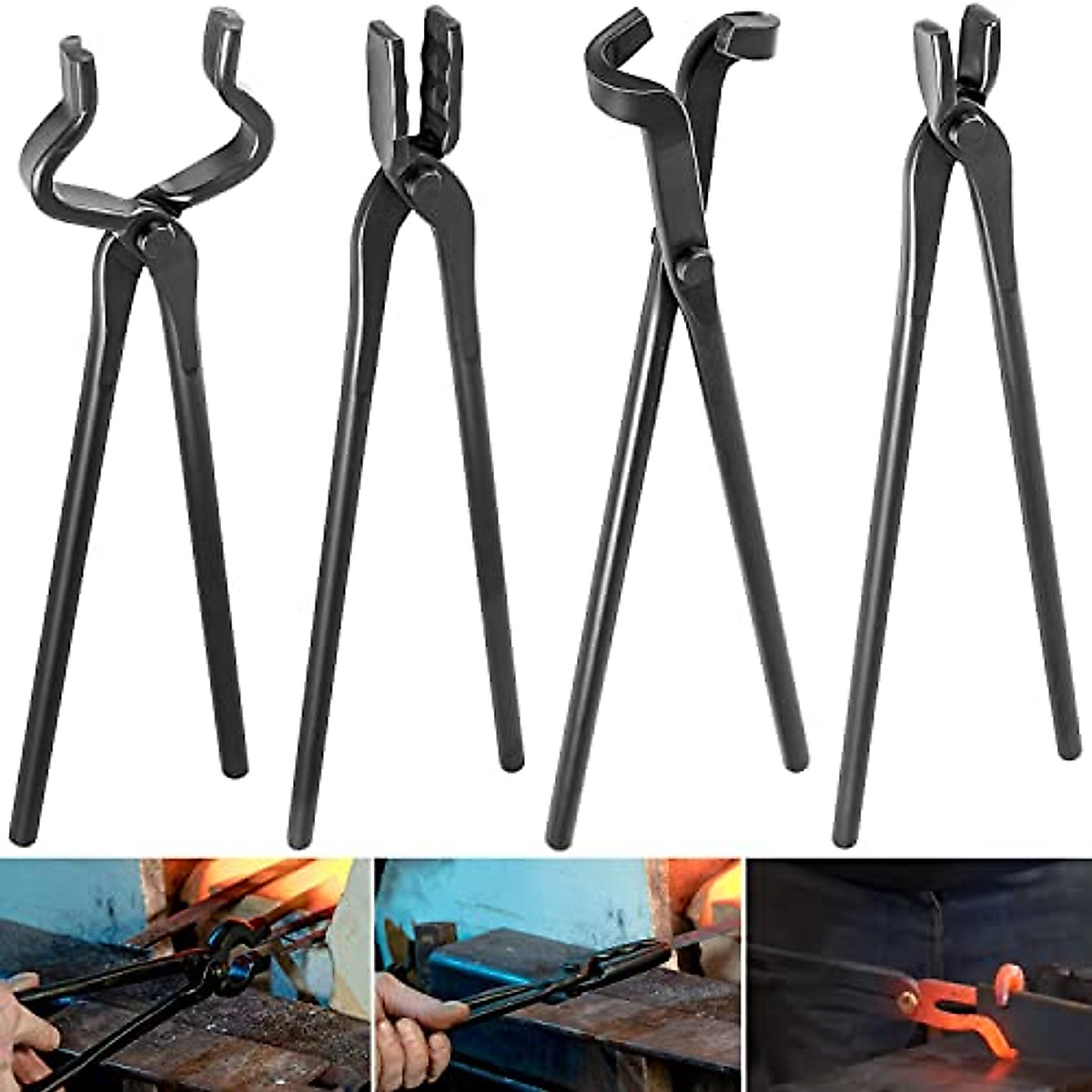 Blacksmith Tongs Tools Set Knife Making Tongs Includes V Bit Tongs, Flat Jaw Tongs, Wolf Jaw Tongs & Blade Tongs (4 Piece)