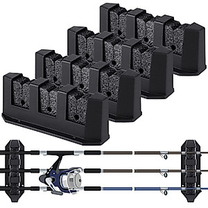 Sratte 4 Pieces Fishing Rod Holder Wall Mount Fishing Pole Holders for Boats 3 Rod Black Horizontal Garage Wall Pole Rack Summer Boat Accessories for Men Gifts, 7.8 Inch