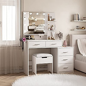 Maupvit Vanity Desk with Mirror and Lights, White Vanity with Bedside Table, 5 Drawers Large Capacity, Metal Silver Handle, Makeup Vanity with 10 Led Lights And Charging Station (White)